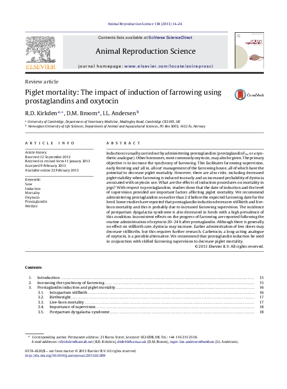 (PDF) Piglet mortality: the impact of induction of farrowing using ...