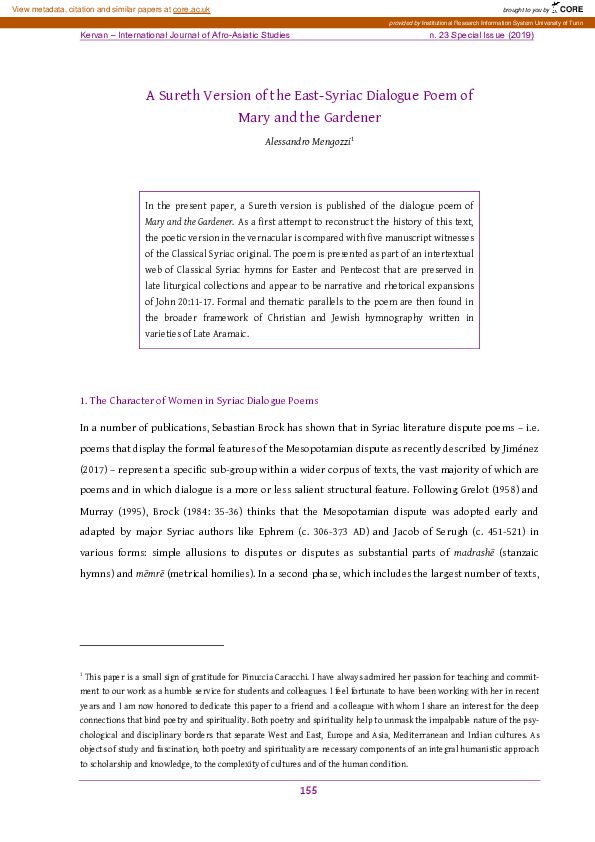 (PDF) A Sureth Version of the East-Syriac Dialogue Poem of Mary and the ...