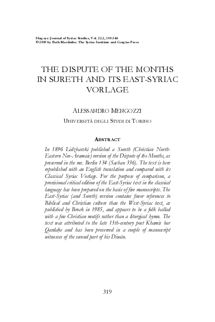 (PDF) The Dispute of the Months in Sureth and Its East-Syriac Vorlage