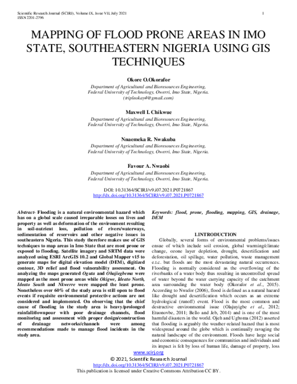 (PDF) Mapping of Flood Prone Areas in Imo State, Southeastern Nigeria Using Gis Techniques