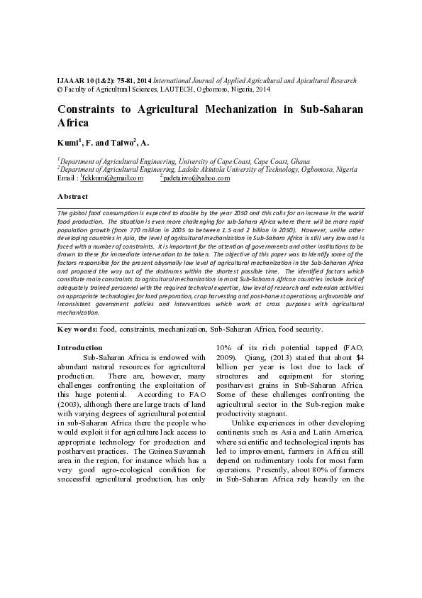 (PDF) Constraints to Agricultural Mechanization in Sub-Saharan Africa