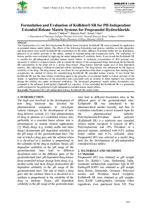 Pdf Formulation And Evaluation Of Kollidon Sr For Ph Independent Extended Release Matrix