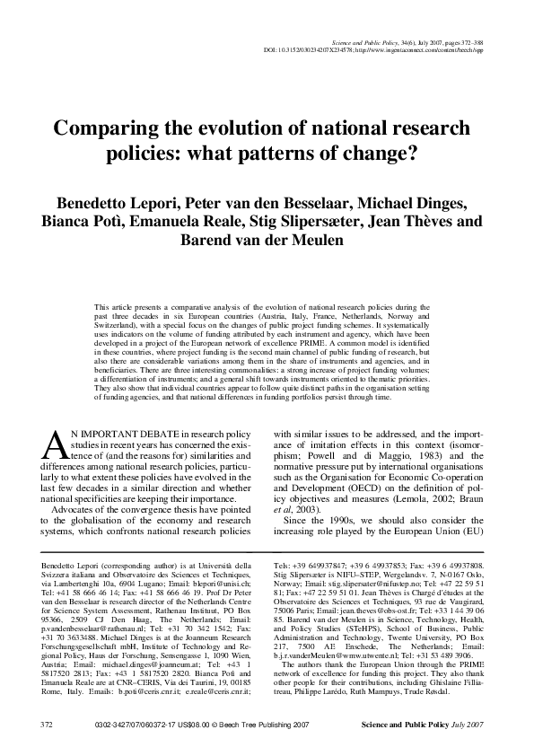 (PDF) Comparing the evolution of national research policies: what ...