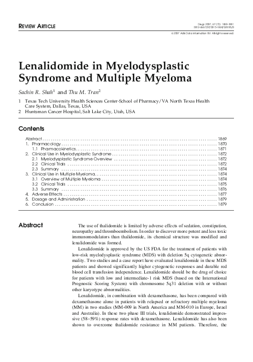 (PDF) Lenalidomide in Myelodysplastic Syndrome and Multiple Myeloma