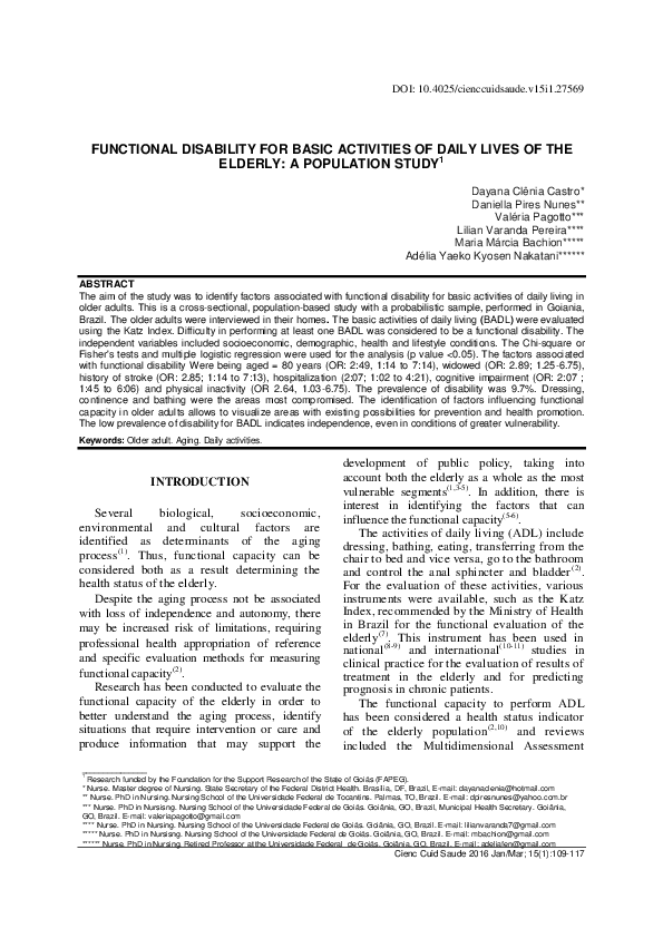 (PDF) Functional Disability for Basic Activities of Daily Lives of the ...