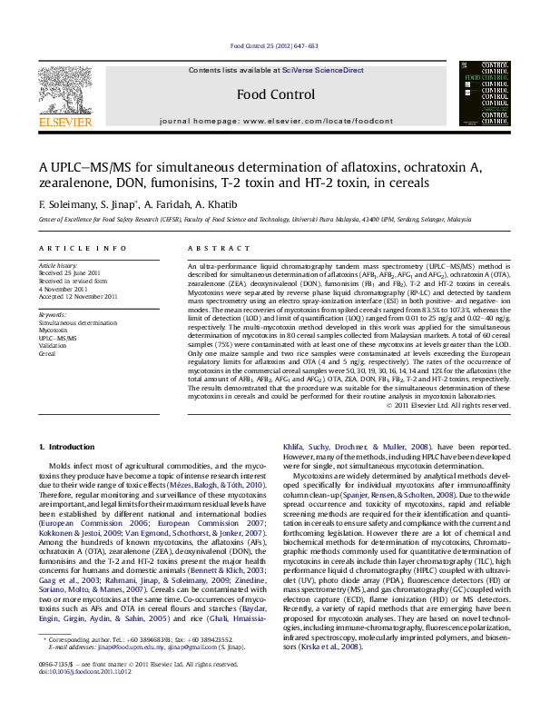 (PDF) A UPLC–MS/MS for simultaneous determination of aflatoxins, ochratoxin A, zearalenone, DON ...