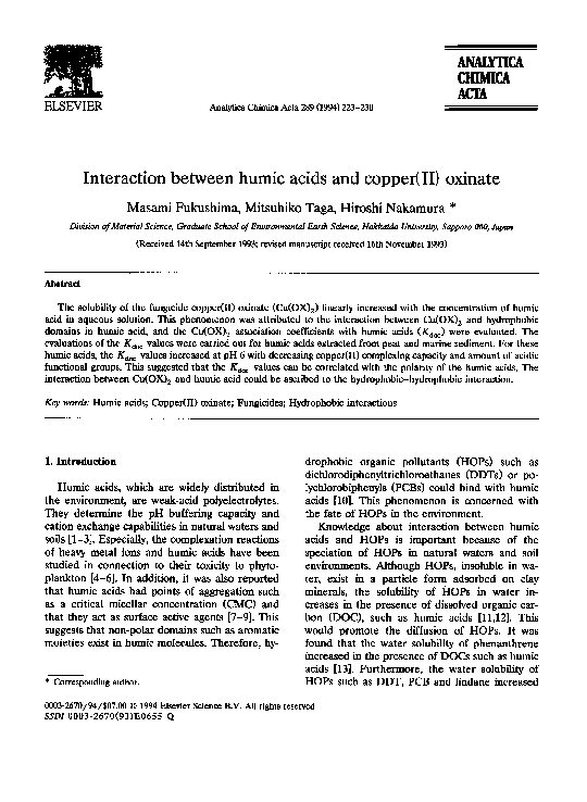 (PDF) Interaction between humic acids and copper(II) oxinate