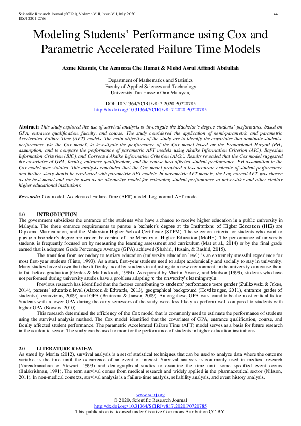 (PDF) Modeling Students Performance using Cox and Parametric Accelerated Failure Time Models
