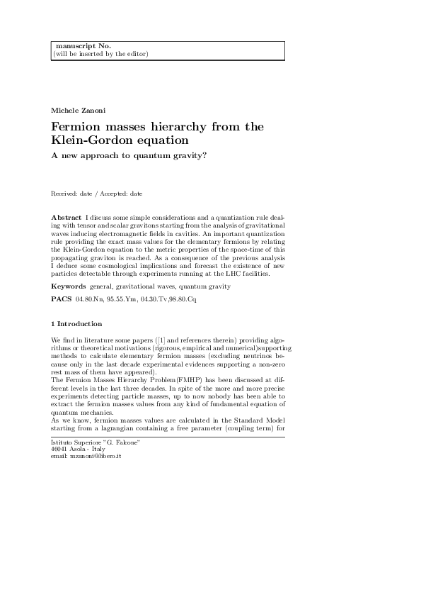 (PDF) Fermion mass hierarchy from the Klein-Gordon equation