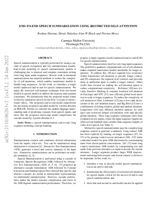 Pdf Speech Summarization Using Restricted Self Attention