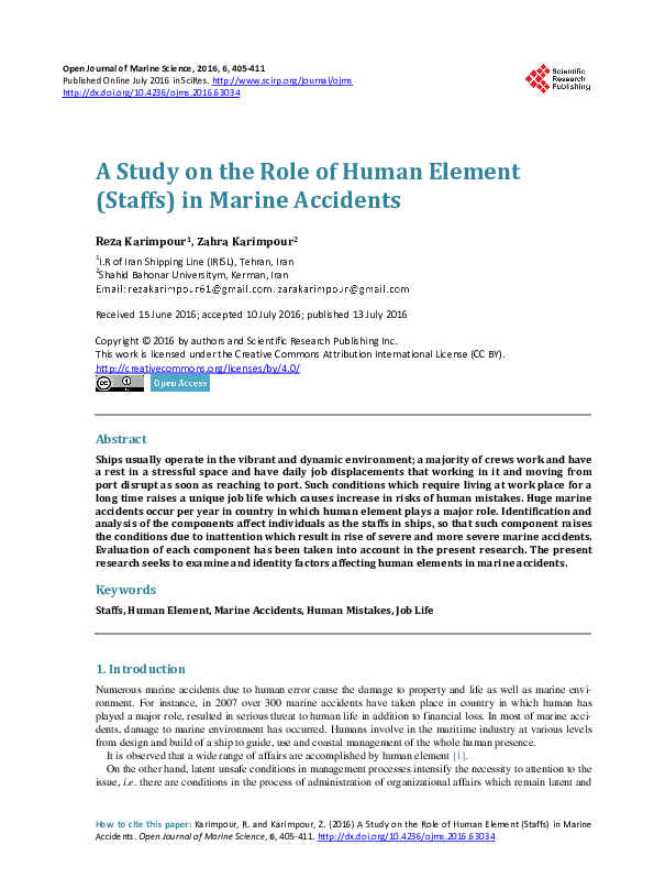 (PDF) A Study on the Role of Human Element (Staffs) in Marine Accidents