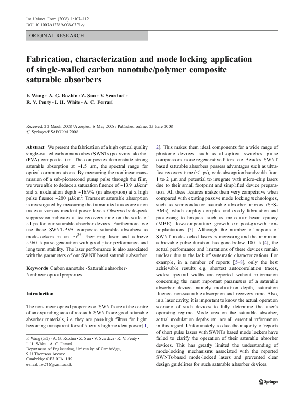 (PDF) Fabrication, characterization and mode locking application of single-walled carbon ...