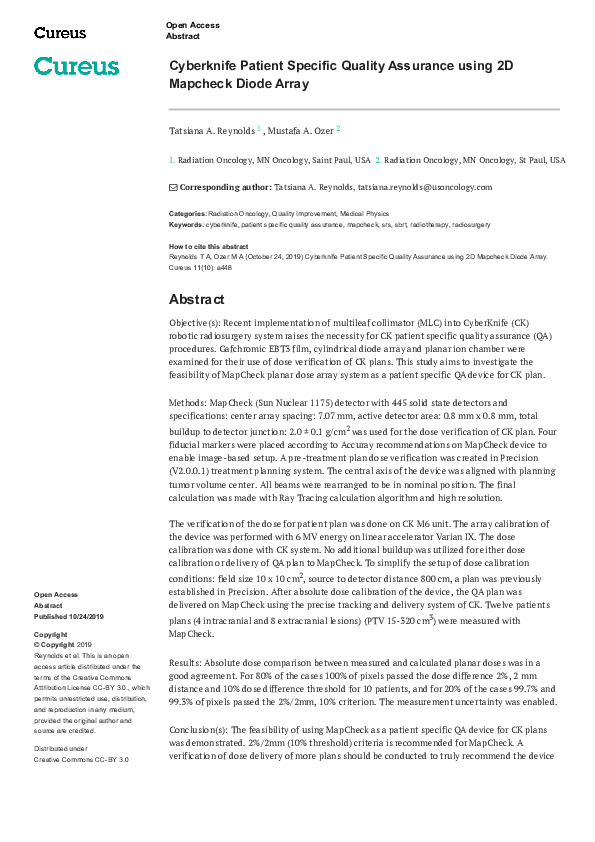 (PDF) Cyberknife Patient Specific Quality Assurance using 2D Mapcheck Diode Array