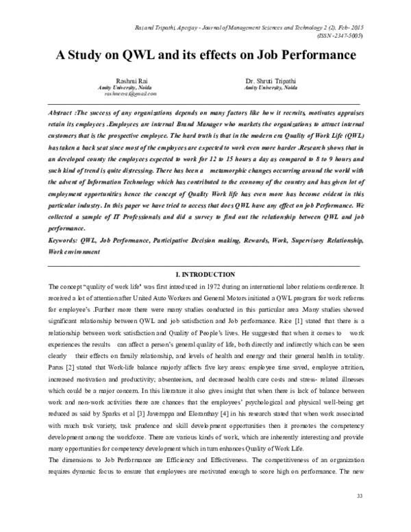 (PDF) A Study on QWL and its effects on Job Performance