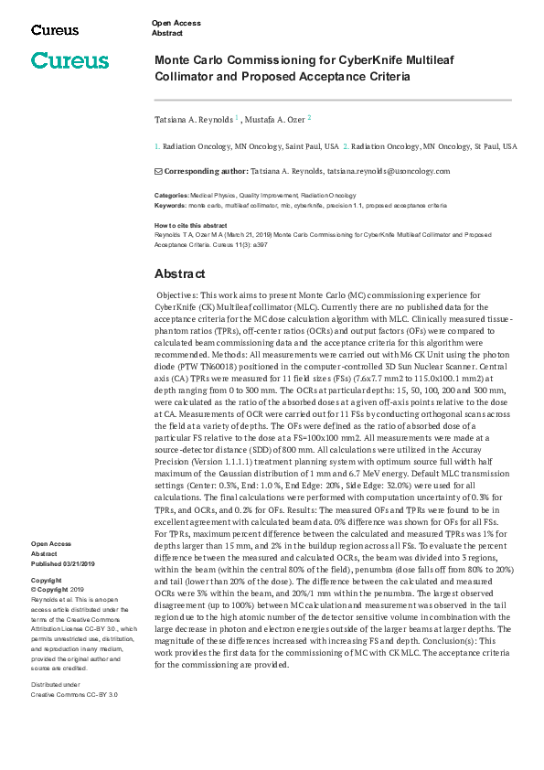 (PDF) Monte Carlo Acceptance Criteria for CyberKnife MLC