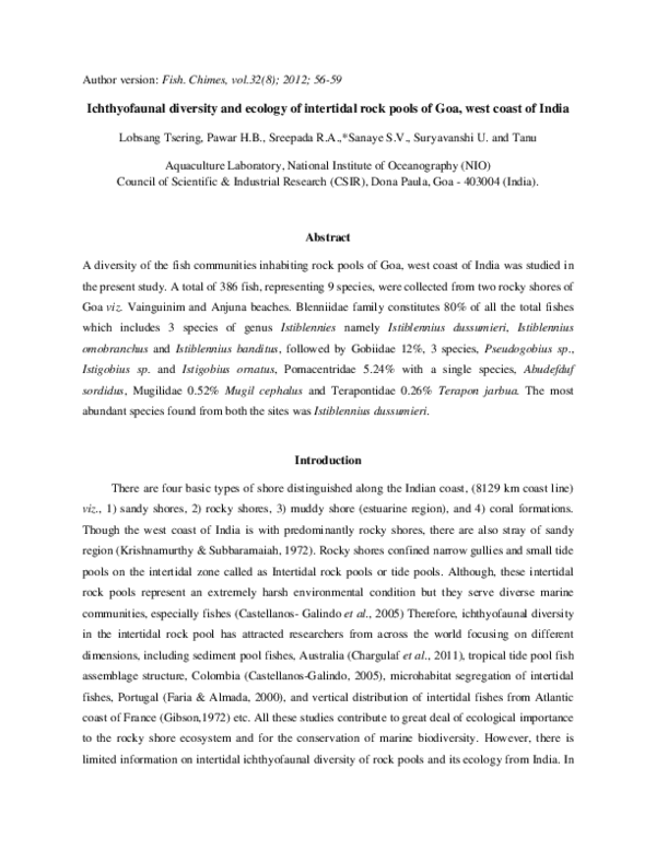 (PDF) Ichthyofaunal diversity and ecology of intertidal rock pools of ...