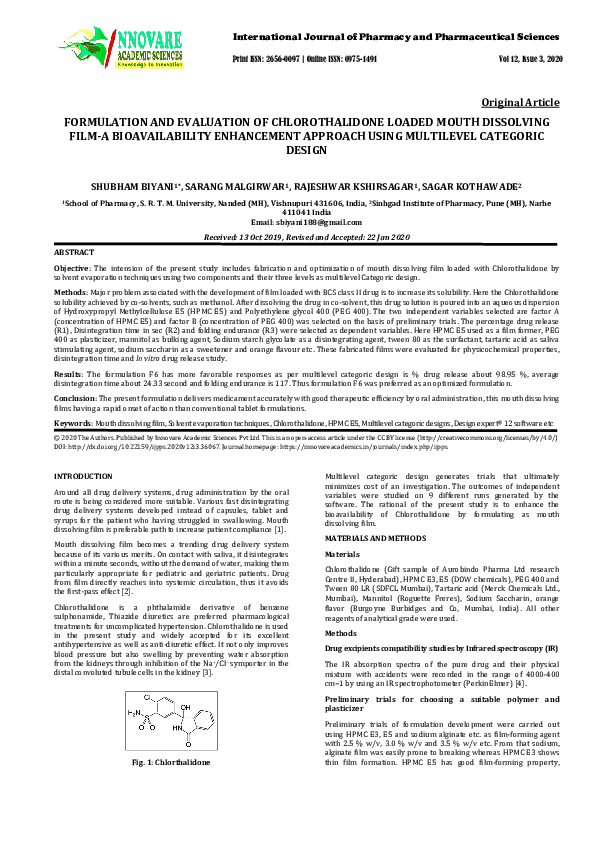 (PDF) Formulation and Evaluation of Chlorothalidone Loaded Mouth ...