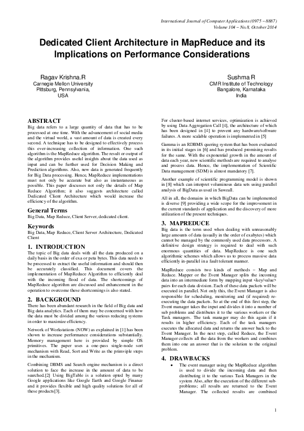 (PDF) Dedicated Client Architecture in MapReduce and its Implications on Performance Considerations