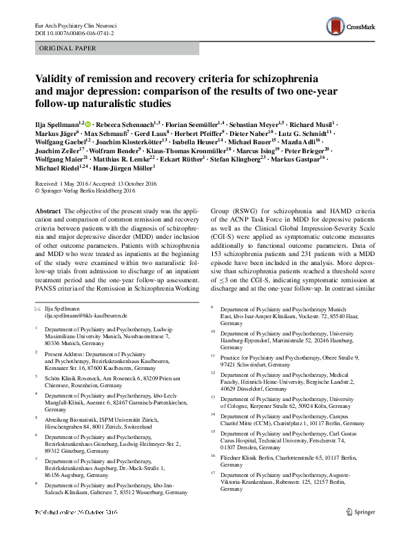 (PDF) Validity of remission and recovery criteria for schizophrenia and ...