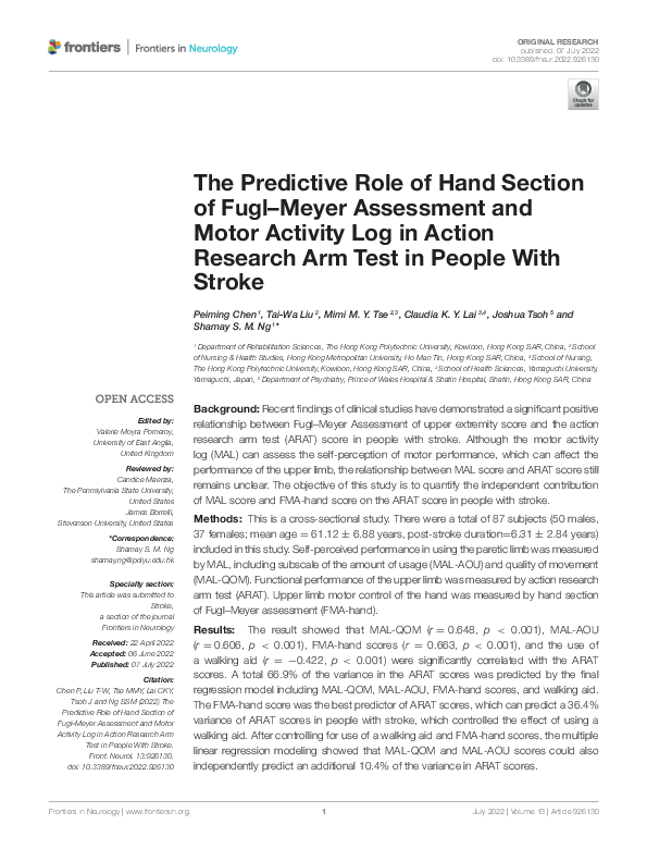 (PDF) The Predictive Role of Hand Section of Fugl–Meyer Assessment and ...