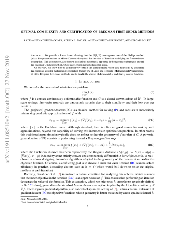 Pdf Optimal Complexity And Certification Of Bregman First Order Methods Jérôme Bolte