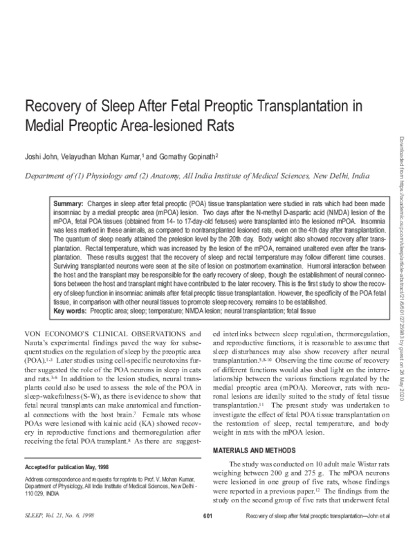 (PDF) Recovery of Sleep Atter Fetal Preoptic Transplantation in Medial ...
