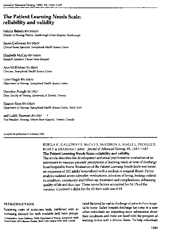 (PDF) The Patient Learning Needs Scale: reliability and validity