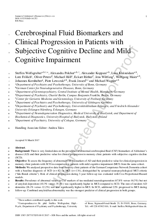 (PDF) Cerebrospinal Fluid Biomarkers and Clinical Progression in Patients with Subjective ...