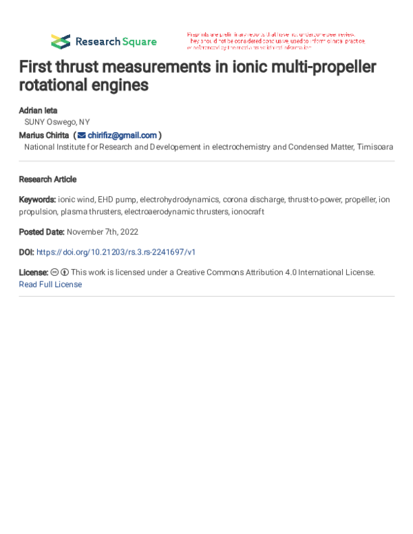 (PDF) First thrust measurements in ionic multi-propeller rotational engines