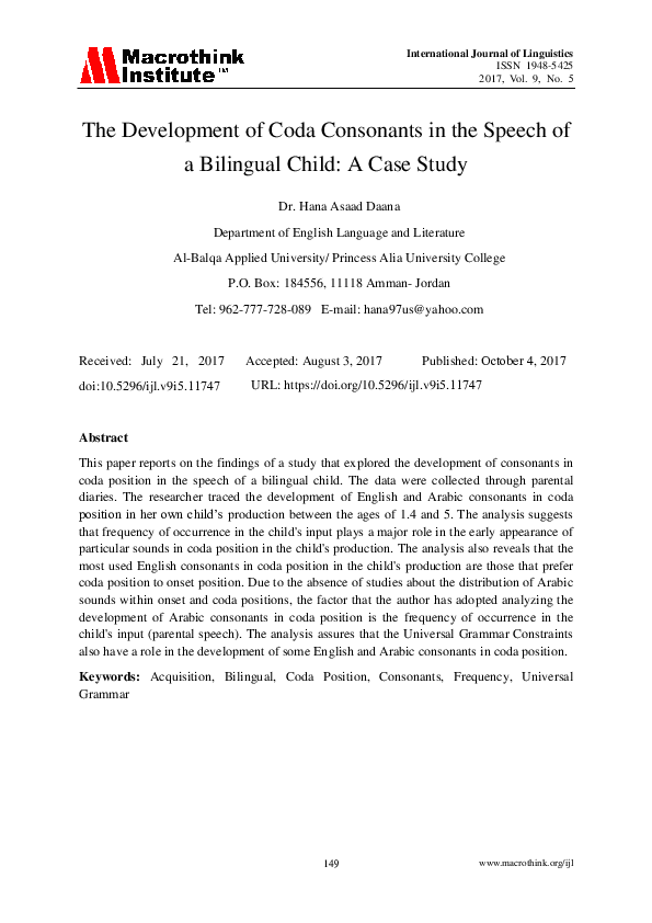 (PDF) The Development of Coda Consonants in the Speech of a Bilingual Child: A Case Study