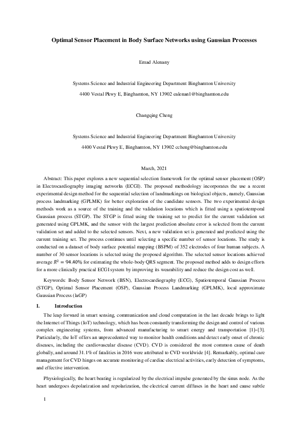 Pdf Optimal Sensor Placement In Body Surface Networks Using Gaussian Processes Emad Alenany 