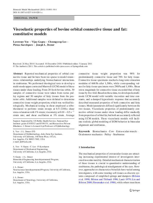 (PDF) Viscoelastic properties of bovine orbital connective tissue and fat: constitutive models