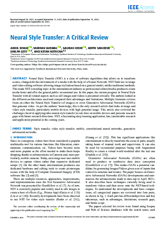 (PDF) Neural Style Transfer: A Critical Review