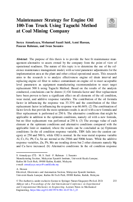 (PDF) Maintenance Strategy for Engine Oil 100-Ton Truck Using Taguchi ...