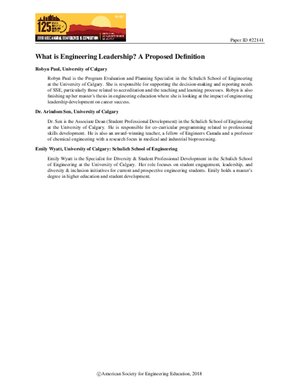(PDF) Board 92 : What is Engineering Leadership? A Proposed Definition