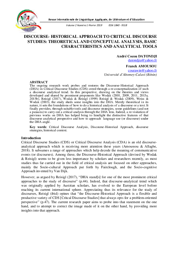 (PDF) DISCOURSE-HISTORICAL APPROACH TO CRITICAL DISCOURSE STUDIES: THEORETICAL AND CONCEPTUAL ...