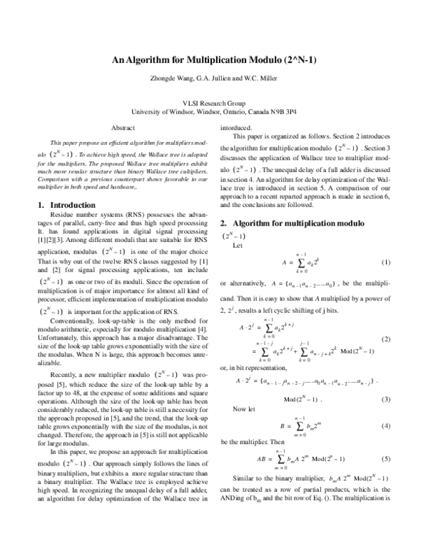 (PDF) An algorithm for multiplication modulo (2⋀N-1)
