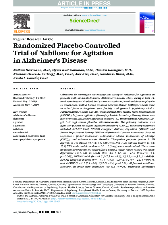 (PDF) Randomized Placebo-Controlled Trial of Nabilone for Agitation in ...
