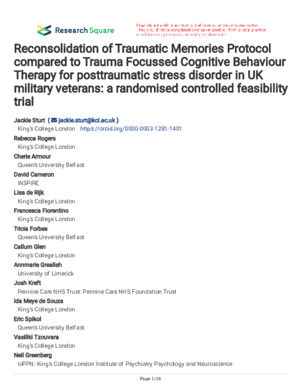 (PDF) Reconsolidation of Traumatic Memories Protocol compared to Trauma ...