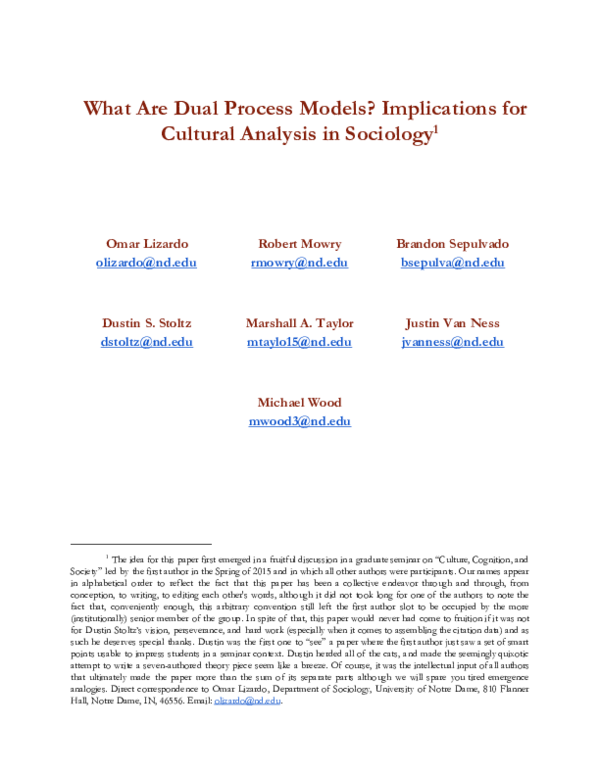 (PDF) What Are Dual Process Models? Implications for Cultural Analysis in Sociology