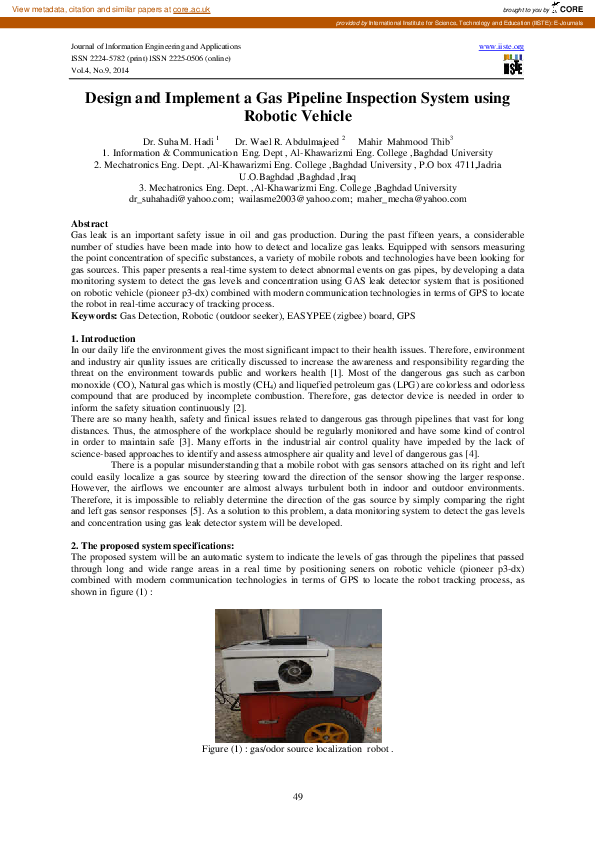 Pdf Design And Implement A Gas Pipeline Inspection System Using Robotic Vehicle