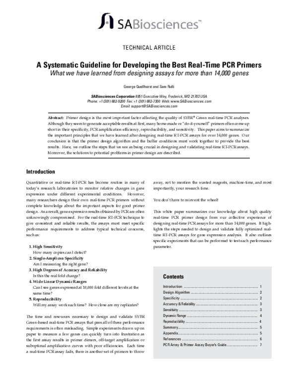 (PDF) A Systematic Guideline for Developing the Best Real-Time PCR Primers What we have learned ...