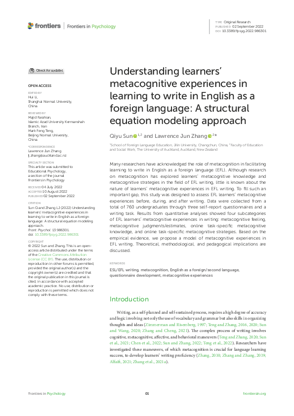 Pdf Understanding Learners Metacognitive Experiences In Learning To Write In English As A