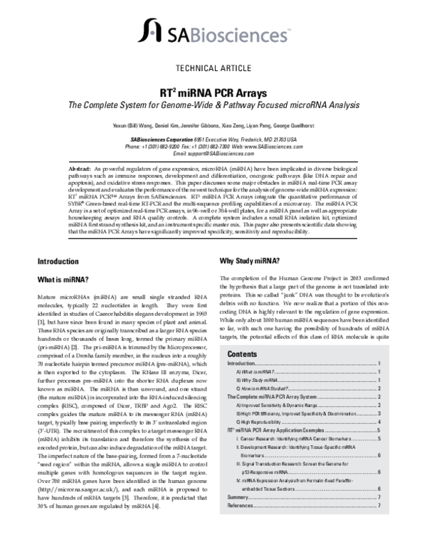 (PDF) SABiosciences TM RT 2 miRNA PCR Arrays The Complete System for ...