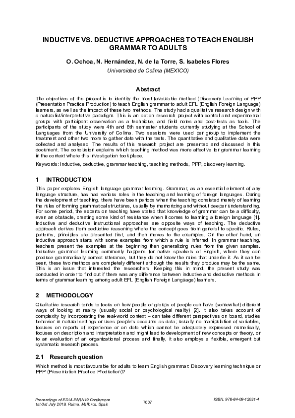 Pdf Inductive Vs Deductive Approaches To Teach English Grammar To Adults