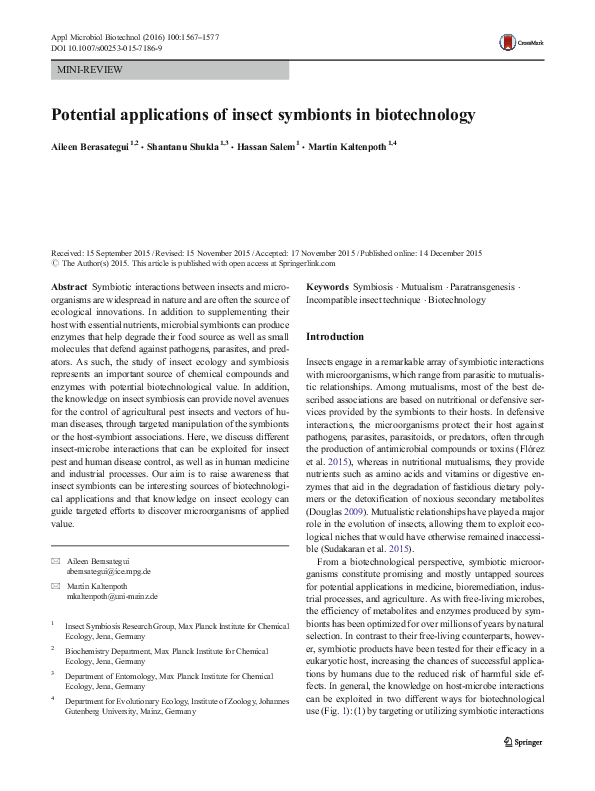 (PDF) Potential applications of insect symbionts in biotechnology