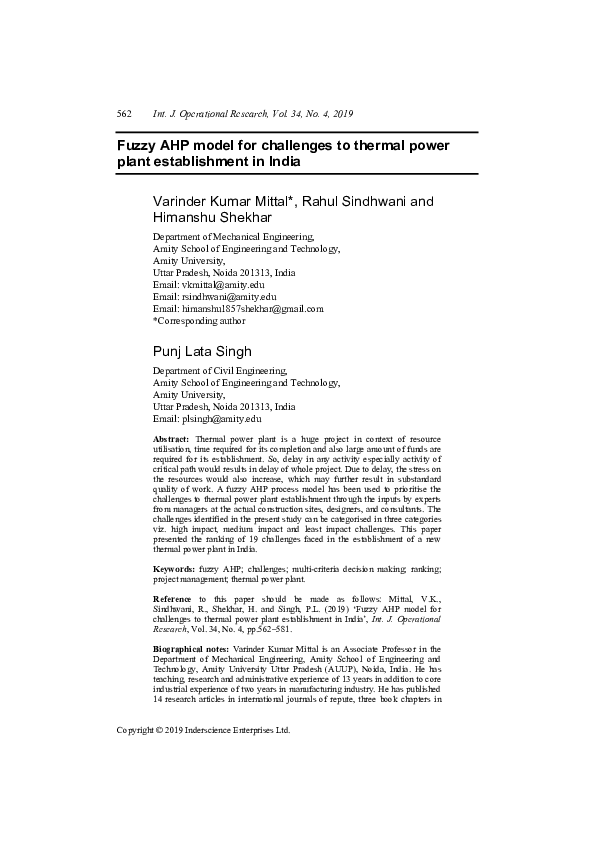 (PDF) Fuzzy AHP model for challenges to thermal power plant ...