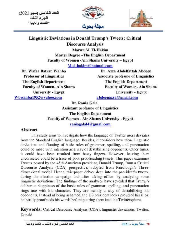 (PDF) Linguistic Deviations in Donald Trump’s Tweets: Critical ...