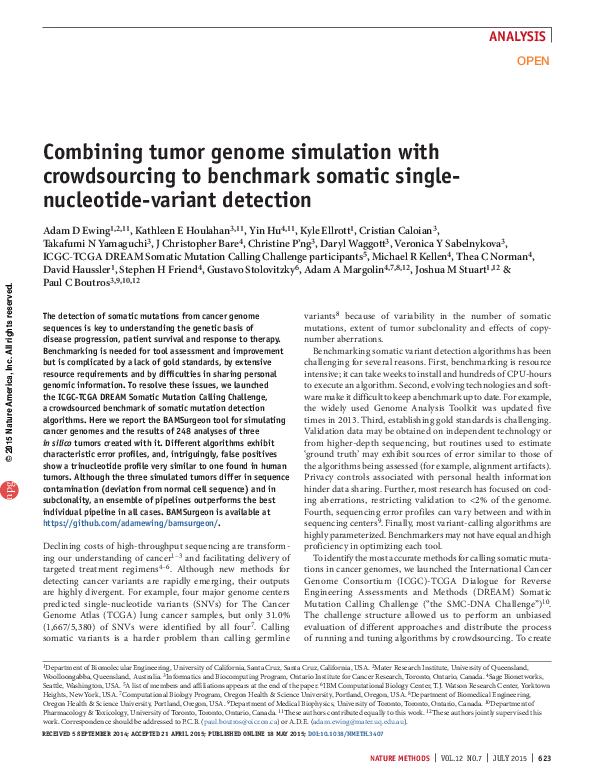 Pdf Combining Tumor Genome Simulation With Crowdsourcing To Benchmark Somatic Single