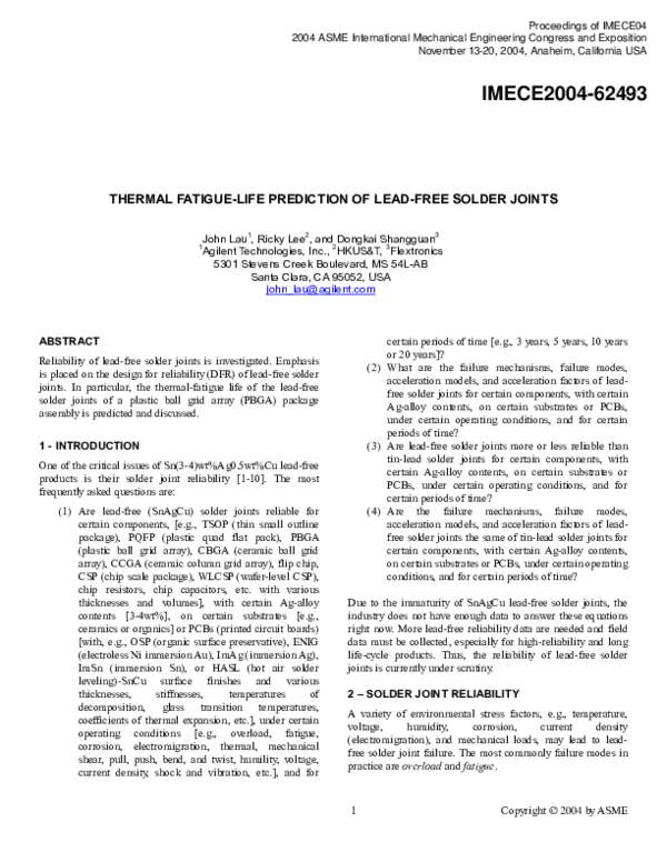 Pdf Thermal Fatigue Life Prediction Of Lead Free Solder Joints